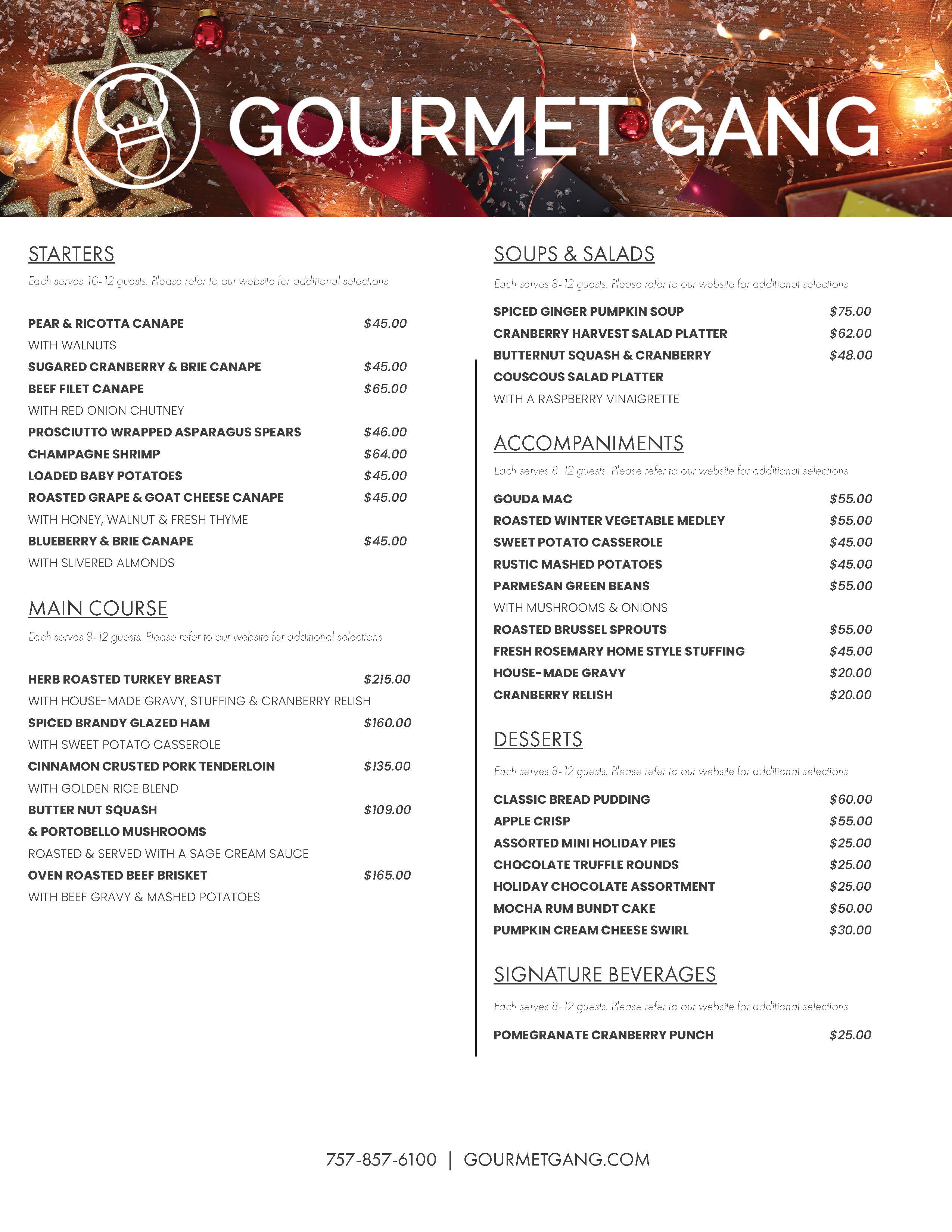 Gourmet Gang | Holiday Menu